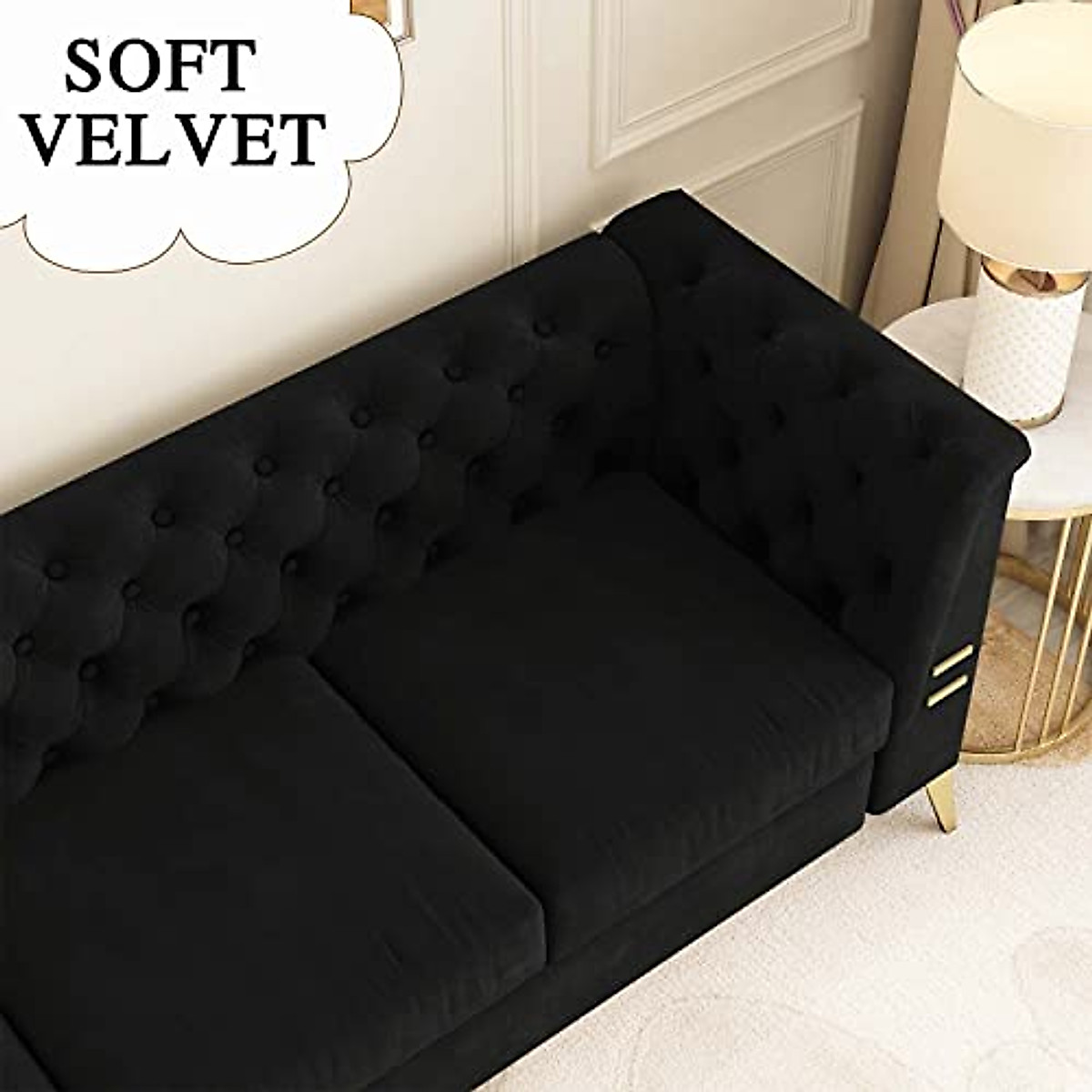 Modern Chesterfield Sofa, 82" Velvet Upholstered 3 Seater Couches with Removable Cushions, Mid-Century Modern Sofa Couch with Solid Wood Frame and Gold Legs for Living Room, Apartment, Office, Black