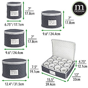mDesign Quilted Dinnerware Storage 5 Piece Set for Protecting and Transporting Fine China, Dishes, Plates, Cups - Holds Service for 12 - Felt Protectors Included with Each Round Bin - Navy Blue/Gray