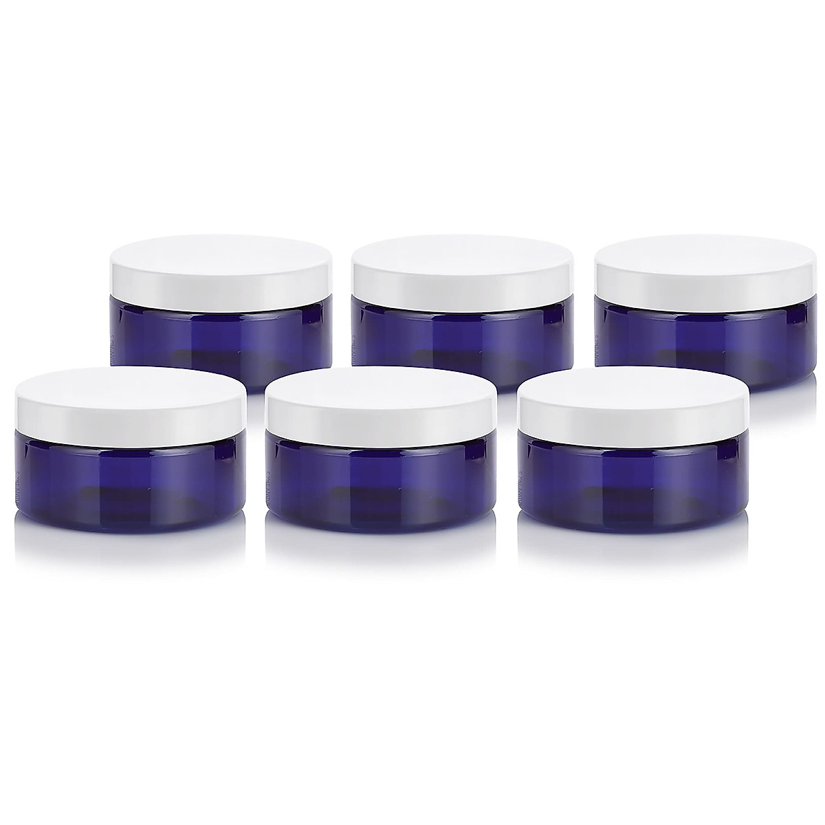 8 oz Cobalt Blue PET Plastic Refillable Low Profile Jar with White Lid (6 pack)