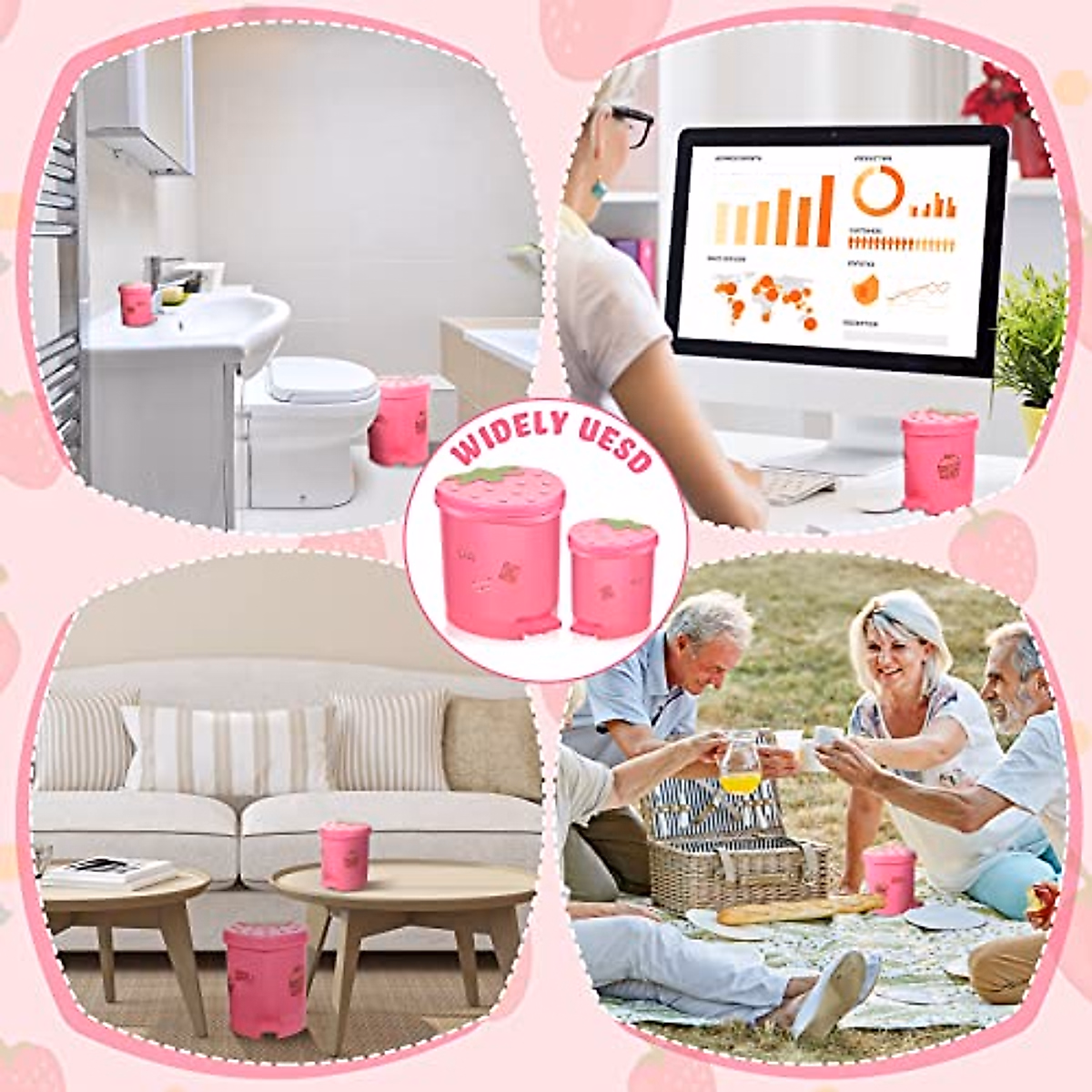 2 Pieces Strawberry Desk Trash Can Cute Trash Can Kawaii Mini Trash Can for Desk Mini Garbage Can Plastic Strawberry Kitchen Waste Bin with Sticker for Car Office Home Bedroom Bathroom Decor (Pink)