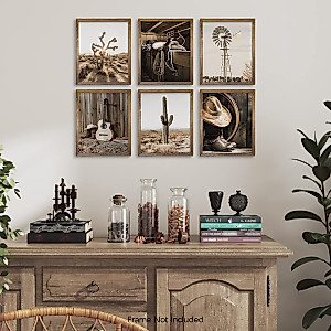 Art for Cowboy Men Cowgirl - Rustic Farmhouse Bathroom Poster - Boho Western Decor - Old West Ranch Room Decor - White Picture Wall Art - Country Cactus Windmill Print - Southern Farm House Animal