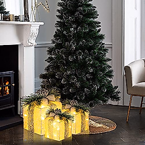 Hourleey Set of 3 Christmas Lighted Gift Boxes, Pre-lit 60 LED Light Up Present Boxes Ornament Outdoor Warm White Tinsel Boxes Decoration for Indoor Christmas Home Yard Lawn Decor