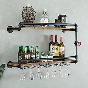 BOTAOYIYI Wine Rack Wall Mounted 2 Tier, Hanging Floating Bar Liquor Shelves with Glass Holder Storage Under, Industrial Rustic Pipe Farmhouse Kitchen Decor Black(35.4x10.6x19.7)
