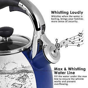 Rorence Stainless Steel Whistling kettle: 2.6 Quart with Capsule Bottom & Heat-resistant Glass Lid – Navy Blue