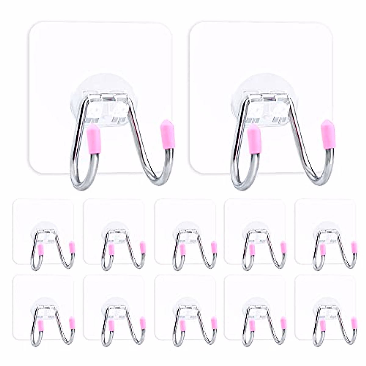 Adhesive Double Hook Wall Hooks, 12 Pack Heavy Duty Nailless Adhesive Hooks - Max 13lbs Capacity, Stainless Steel Non-Marking Bathroom Kitchen Reusable Water and Oil Resistant Seamless Hook Wall Hooks