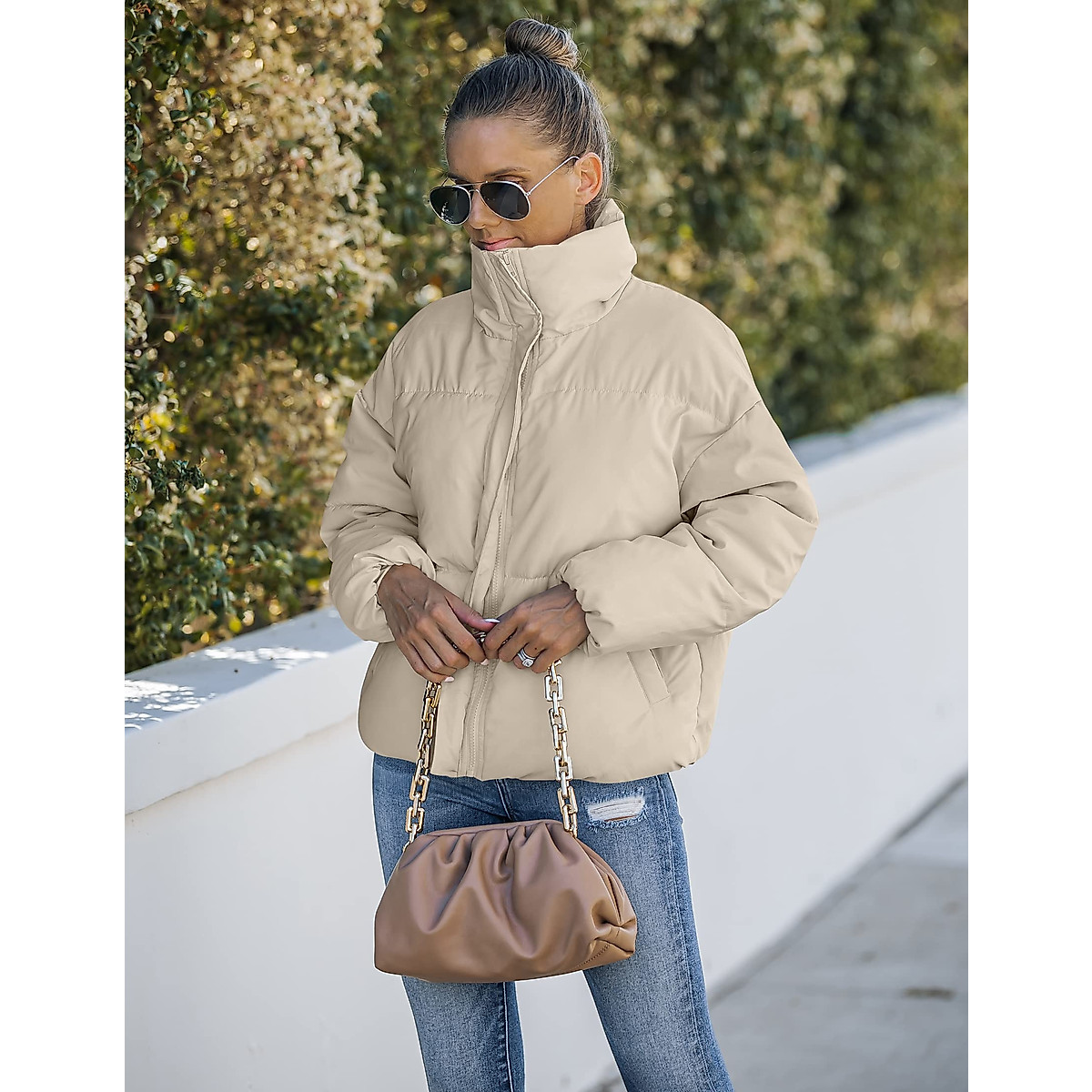 MEROKEETY Women's Winter Long Sleeve Zip Puffer Jacket Stand Collar Baggy Short Coats with Pockets, LightKhaki, XS