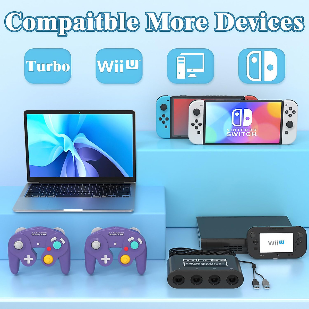 pdobq Gamecube Controller Adapter for Nintendo Switch Gamecube Adapter, Super Smash Bros Gamecube Adapter for Wii u/Switch/PC USB, Support 4 Gamecube Controller and 180cm Long Data Cable