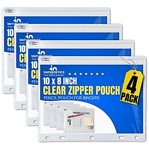 1InTheOffice Pencil Pouch for 3 Ring Binder, Binder Pencil Pouch, Zipper Pencil Pouch, 10" x 8", Clear, 4 Pack