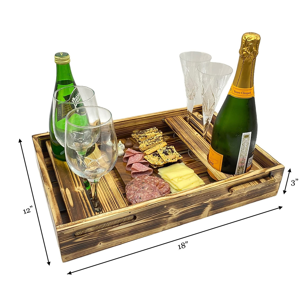 Wine Tray, Dual Glass Rack, Bottle Holder, Cut-Out Handle, with Mini Charcuterie Board, for Wine Tastings, Parties, Bars. Rustic, Handmade of Eco-Friendly Reclaimed Torched Pine Wood