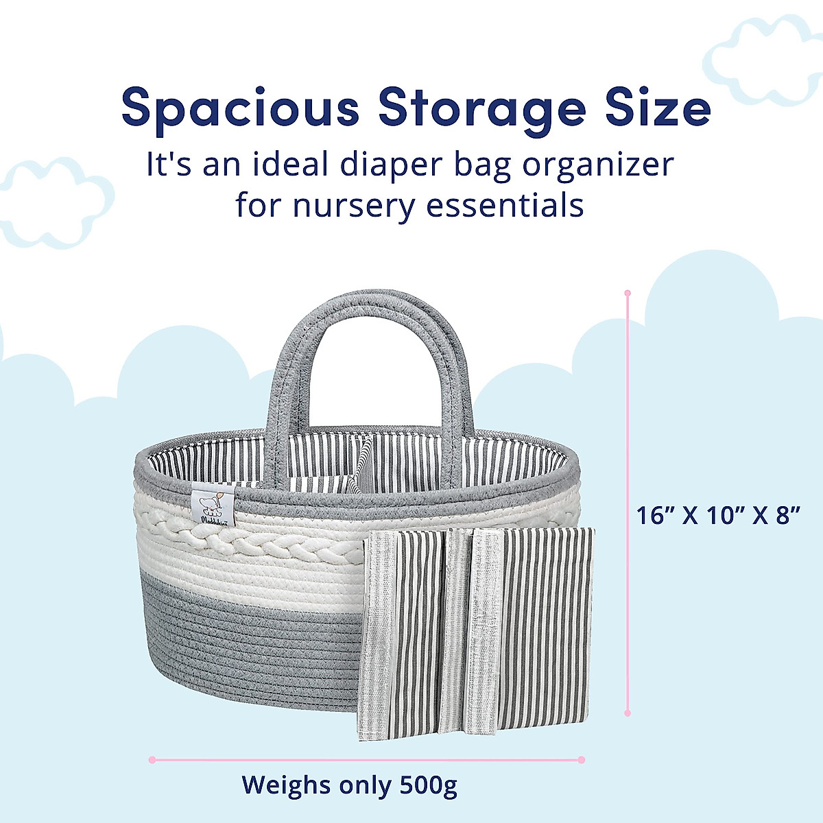 MADDYKINS - Diaper Caddy, Diaper Basket Organizer, 100% Pure Woven Cotton Diaper Storage Caddy, Large Diaper Caddy, Grey/White
