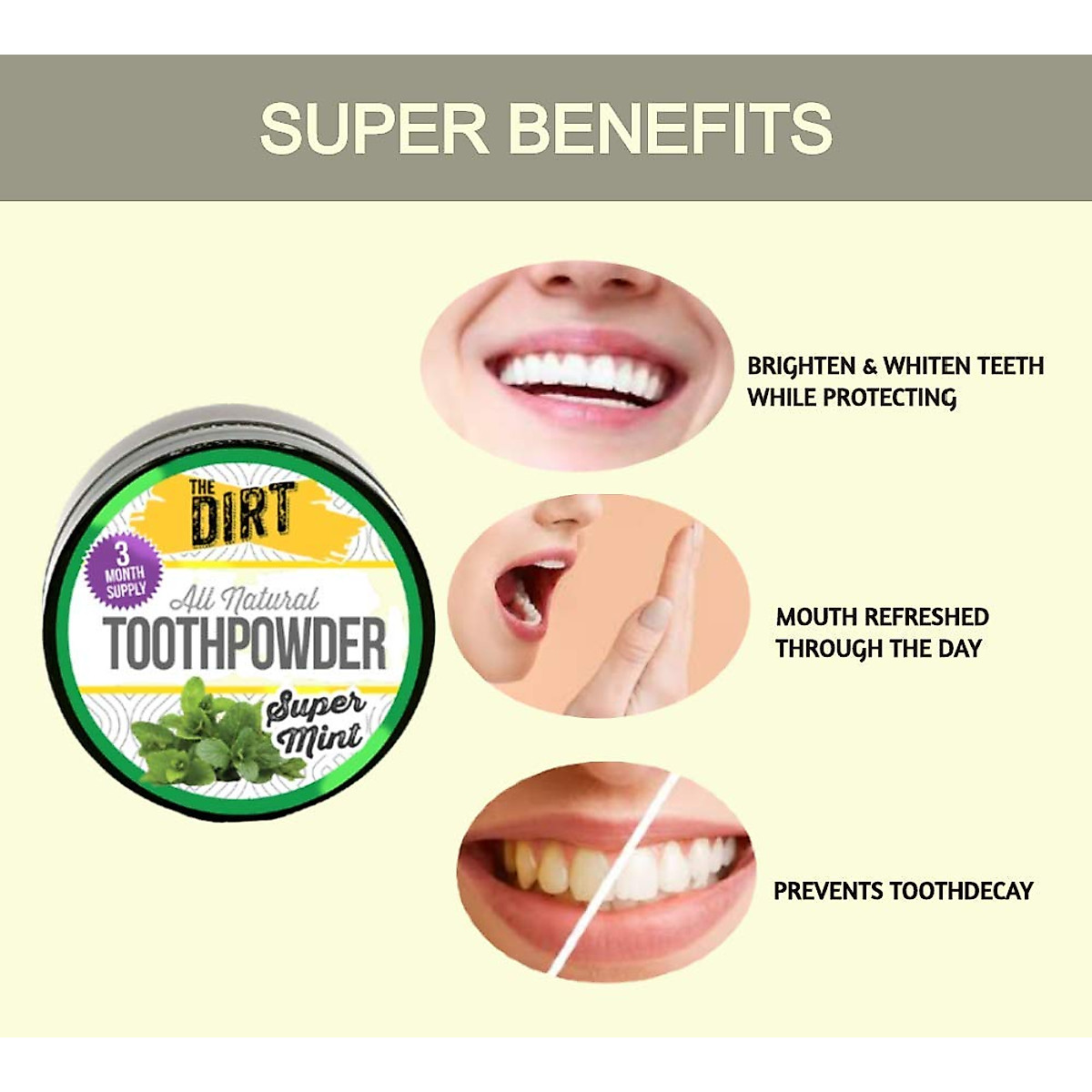 The Dirt - Remineralizing Tooth Powder, Natural Fluoride-Free Teeth Whitening Powder with Hydroxyapatite, Flouride & Gluten Free, Organic Vegan (Super Mint, 25g: 3 Month Supply)
