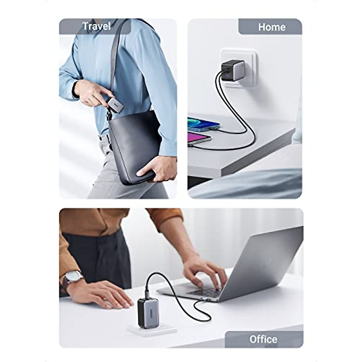 UGREEN USB C Charger 65W Nexode 3 Ports GaN Laptop Charger Block, Compact Foldable Wall Charger Compatible with MacBook Pro/Air, Dell XPS, iPhone 14, iPad Pro, Galaxy S23, Pixel 7, Steam Deck (Black)