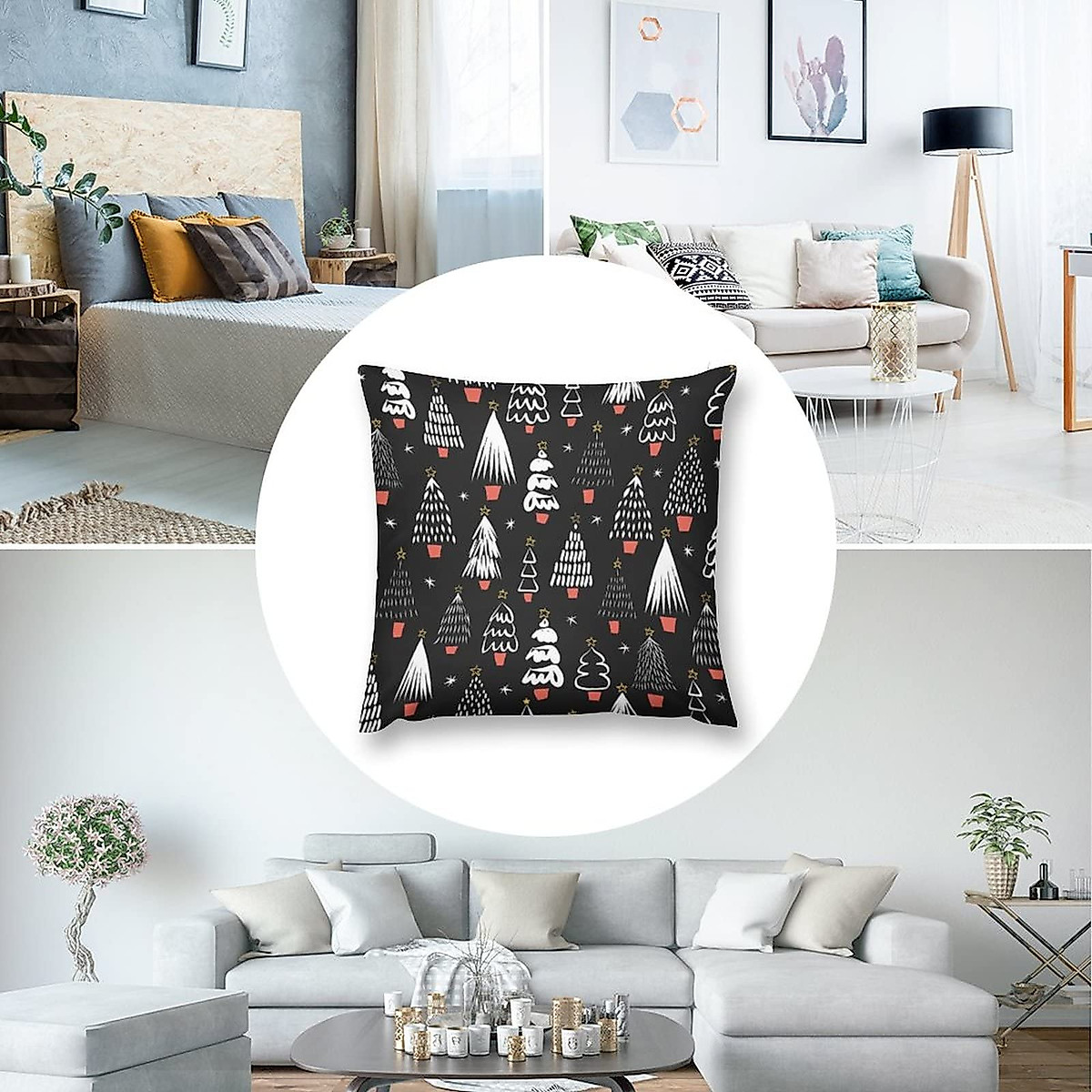 Meaudiwes Throw Pillow Cover Christmas Decorations Trees Black and White Home Decor, 24 x 24 Inches Soft Short Plush Cushion Pillowcases for Sofa Couch Bed Chair