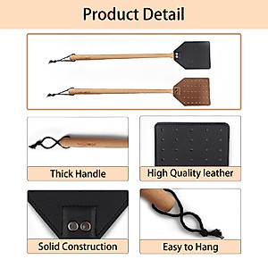 DEBETOOL 2 Pack Sturdy Leather Fly Swatter for Indoors - (19.7”)Long Handle Heavy Duty Wood Fly Swatter With Hanging Rope, Durable Fly Swatter for Outdoor Rustic Bug Swatter Flies,Mosquitoes And Bees