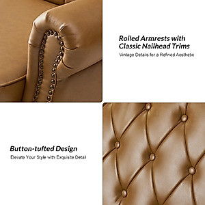 HULALA HOME 74" Leather Couch with Pull Out Bed, Convertible Sofa Bed Couch with Nailhead Arms and Tufted Back, Sleeper Loveseat Sofa for Bedroom Small Spaces, Living Room, Office, Camel