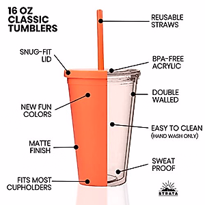 Tumblers with Lids (12 pack) 16oz Colored Acrylic Cups with Lids and Straws | Double Wall Matte Plastic Bulk Tumblers With FREE Straw Cleaner! Vinyl Customizable DIY Gifts (Assorted)
