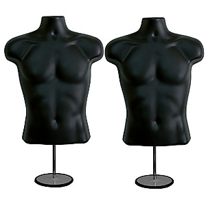 DisplayTown 2 Pack Black Male Mannequin Torso with Metal Stand Hollow Back Body Stackable Dress Form for Tshirt Display, Countertop, Craft Shows, Photos and Design, S-M Clothing Size