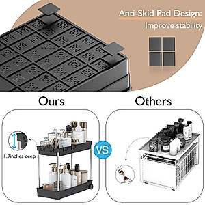 2- Tier Shelf Under Sink Organizer, Roll Out Under Sink Storage with 4 Hooks & 4 Anti-Slip Pads, Easy to Assemble, Suitable for Kitchen, Bathroom and Laundry (1 Pack, Silver)