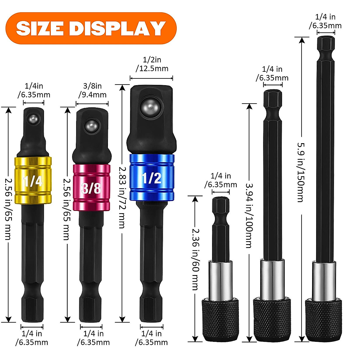 22 Flexible Drill Extension Hex Shank Drill Bit Kit Rotatable Joint Socket 1/4 3/8 1/2 Inch Hex Socket Adapter Socket Bendable Drill Bit Extension Screwdriver 105 Degree Angle Drill Bit Extension