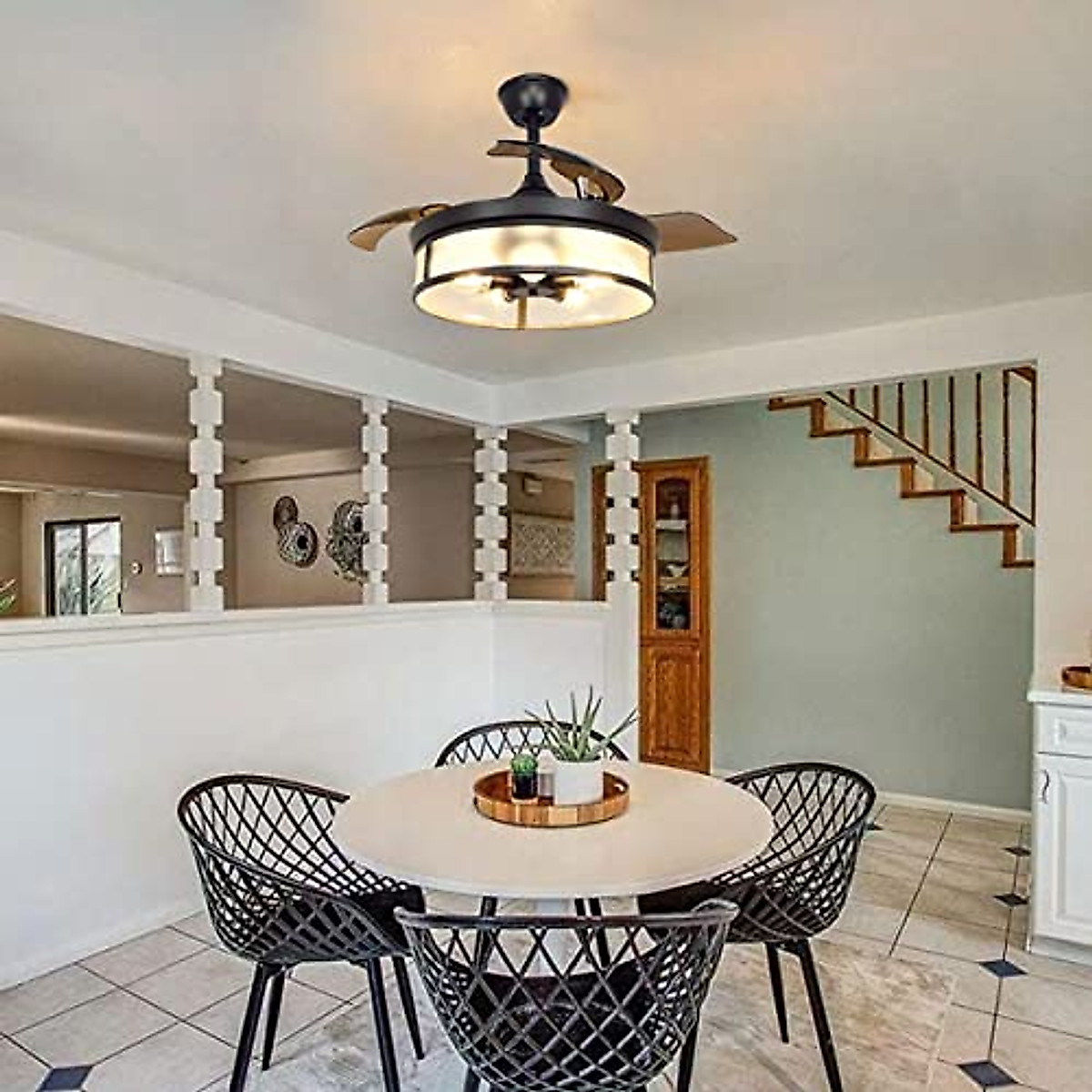 Depuley Industrial Ceiling Fan with Light, 42" Ceiling Fan with Retractable Blades, Vintage Acrylic Chandelier Fan Light Fixtures with Remote for Living Room, Kitchen, Bedroom, 5 E26 Base(No Bulb)