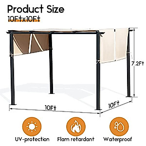 Warmally 10x10ft Pergola with Adjustable Sun Shade Canopy Cover Sturdy Steel Frame Outdoor Gazebo Shelter for Your Garden, Porch, or Backyard