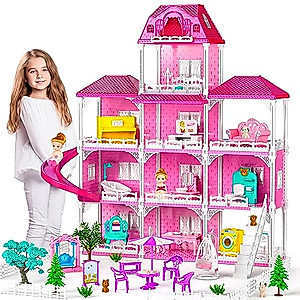 TEMI Dream Doll House for 3 4 5 6 7 8 Year Old Girls Toy - 4-Story 10 Rooms Dollhouse 7-8 with 2 Toy Figures, Furniture and Accessories, Pretend Play House for Kid Ages 3+