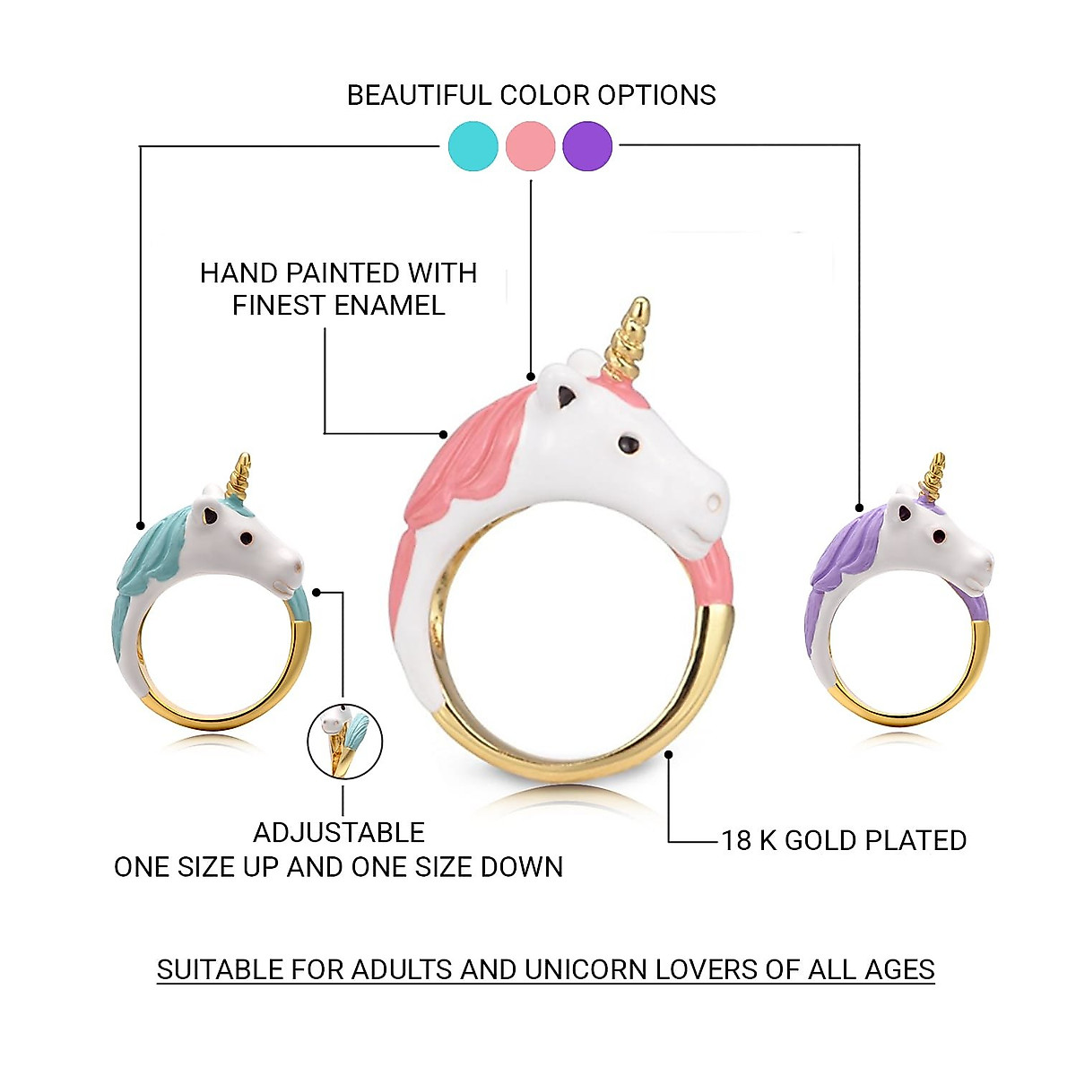 Exquisite 18K Gold Plated Hand Painted Unicorn Ring With Gift Box