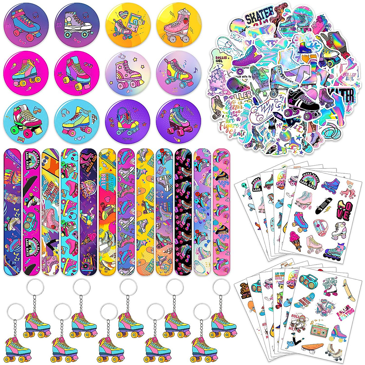 Roller Skate Party Favors 98PCS Slap Bracelets, Stickers, Key Chains, Pin Badges and Temporary Tattoos for Kids Boys Girls Throwback 80s 90s Roller Skating Hip Hop Birthday Party Supplies Decorations