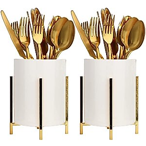 SIEBOLD 2pcs Sturdy Cutlery Holder White Ceramic With Metal Bracket Robust Silverware Caddy For Countertop - Spoon Holder Silverware Caddy(5.9 - 3.9inch) Gold