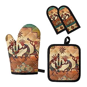 HUIACONG Kitchen Hot Mitts Native Western Kokopelli Ethnic Navajo Pot Handle Cover 2 Pcs Hot Pads Mitts Sets Machine Washable Heat Resistant Handle Holders 2 Pack for Home Kitchen Cooking Tools
