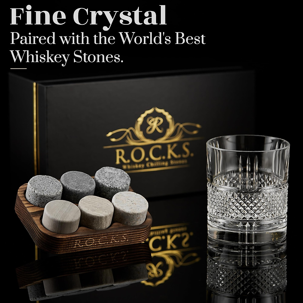 Whiskey Stones & Old Fashioned Cocktail Glass Gift Set - 6 Handcrafted Granite Round Chilling Rocks - Crystal Reserve Whiskey Glasses (10oz) - Hardwood Presentation Tray - Gold Foil Box