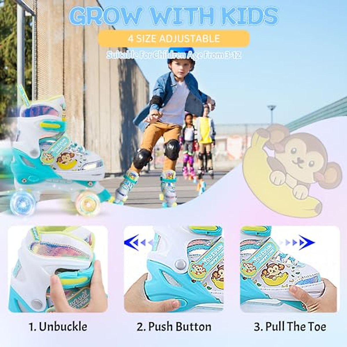 Kids Roller Skates with Light up Wheels 4 Sizes Adjustable Fun Illuminating Roller Skates for Toddler Kids Beginners Outdoor Skating with Hard-Shell Ankle Support (Blue, Large-(4Y-7Y))