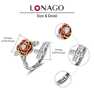 LONAGO Rose Flower Cross Ring 925 Sterling Silver I Love You Forever Adjustable Size Ring Religious Crucifix Jewelry Gift for Women (9)