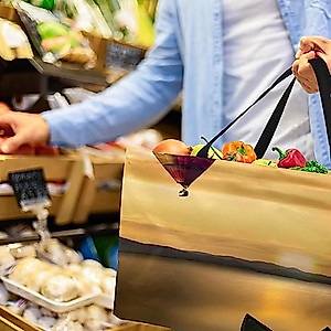 KQNZT Reusable Grocery Bags, Heavy Duty Reusable Shopping Bags, Large Tote Bags with Long Handles and Reinforced Bottom, Lake Boat Hot Air Balloon Sunset