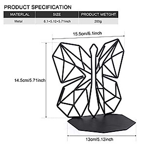 Alsonerbay Bookends Geometric Decorative Metal Book Stoppers Abstract Creative Book Supports, Book Holders for Shelves, Butterfly Book Ends for Office 1 Pair (Black)