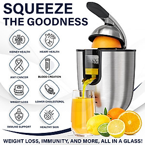 Eurolux Electric Citrus Juicer Squeezer, for Orange, Lemon, Grapefruit, Stainless Steel 160 Watts of Power Soft Grip Handle and Cone Lid for Easy Use (ELCJ-1700S)