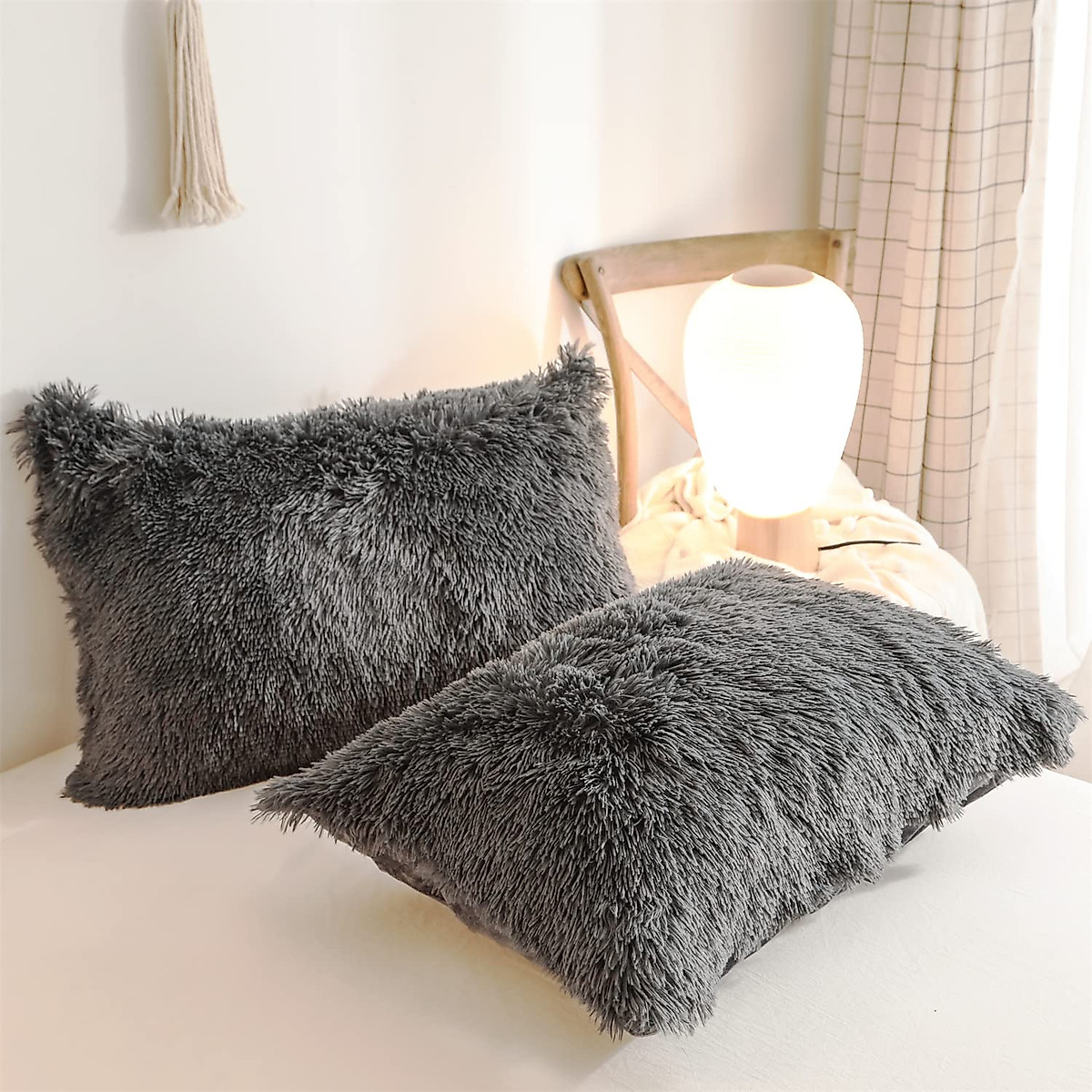 HAIHUA Luxury Plush Shaggy Duvet Cover Flannel Velvet Bedding (1 Faux Fur Duvet Cover +2 Faux Fur Pillowcases)Fluffy Comforter Bed Sets 3 Pieces ,Zipper Closure (Dark Gray, Queen)