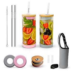 Mason Jars , Glass Tumbler ,Set of 2 24oz Drinking Glasses With Bamboo Lid And Straws , Cup Base , Straw Brush & Tips , Tumbler Carrier , Smoothie Cup , Iced Coffee, Boba Cup , Reusable Travel Cup