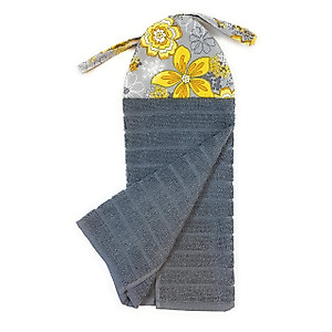 White and Yellow Flowers on Grey Gray Ties On Stays Put Kitchen Hanging Loop Hand Dish Towel