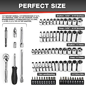 EACELIY 75pcs 1/4" Drive Impact Socket Set, Master Socket Set,Wrench Set with 1/4" Bit Adapter, Universal Joint, Ratchet, 1/4 "Drive Bit Set Extension (5/32" - 9/16 ", 4-14mm)
