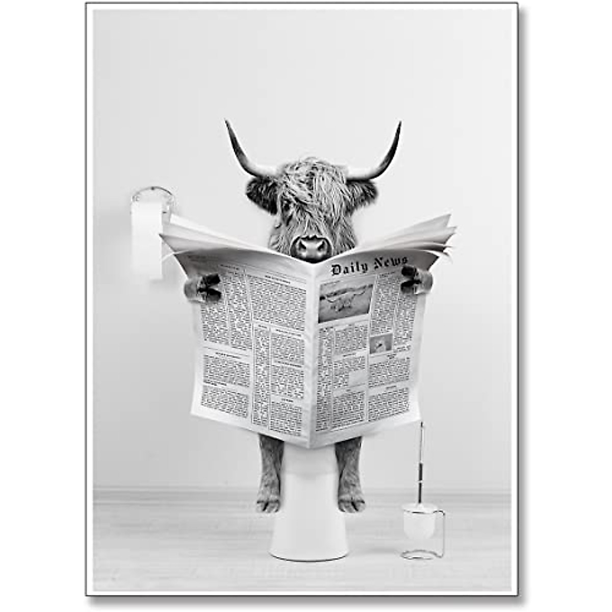 WOKEZ Funny Highland Cow Canvas Wall Art Print Painting Cute Black and White Cow Picture Animal Posters Rustic Farmhouse Style Wall Decor for Office Bathroom Restroom 12x16in Unframed