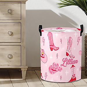 Cowgirl Boot Pink Personalized Laundry Basket Hamper,Collapsible Storage Baskets with Handles for Kids Room,Clothes, Nursery Decor