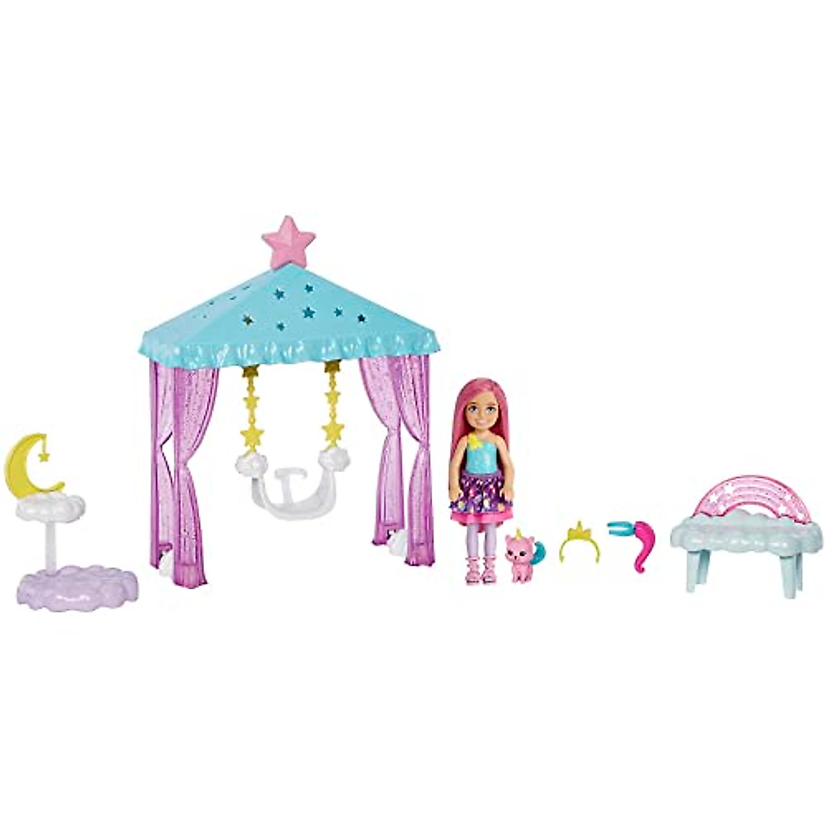 Barbie Dreamtopia Chelsea Doll and Playset, Small Doll with Cloud-Themed Gazebo Swing, Kitten and Accessories