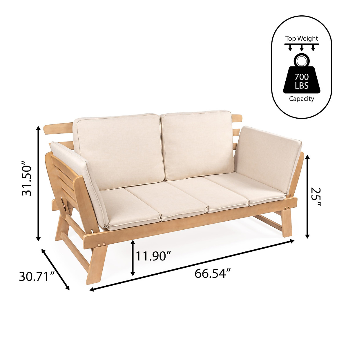 JONATHAN Y SFB1000A Hartley 2-Seat Modern Scandinavian Folding Wood Outdoor Day Bed Sofa Mid-Century, Classic, Transitional, Industrial for Backyard, Patio, Porch, Beige/Light Teak
