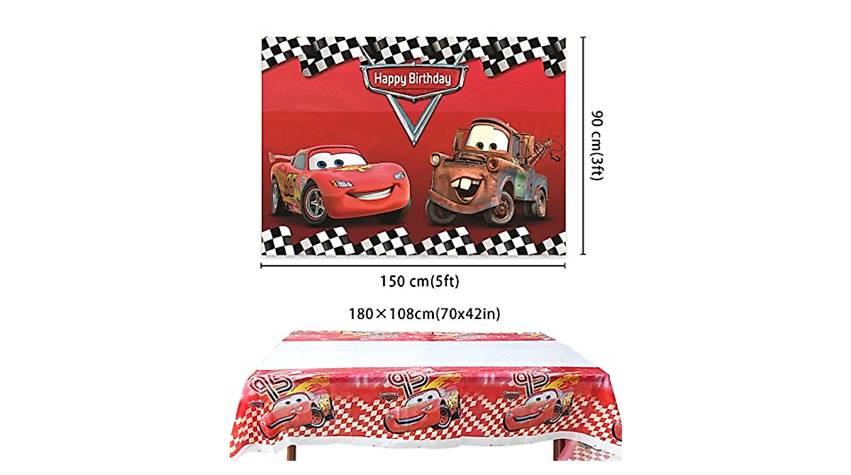 Red Car Racing Birthday Party Backdrop & Tablecloth Set