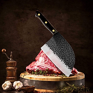 XYJ FULL TANG 7-inch Serbian Butcher Knife Multipurpose Chinese Chef Knives High Carbon Stainless Steel Meat Knives Heavy Duty Blade With Leather Sleeves For Home Outdoor &Camping
