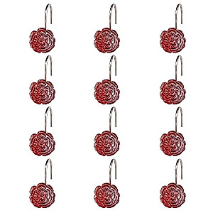 Twofish Home Luminous Burgundy Rose Flower Shower Curtain Hooks 100% Handwork Burgundy Rose Flower Shower Rings Decorative Resin Flower Shower Curtain Rings Set of 12