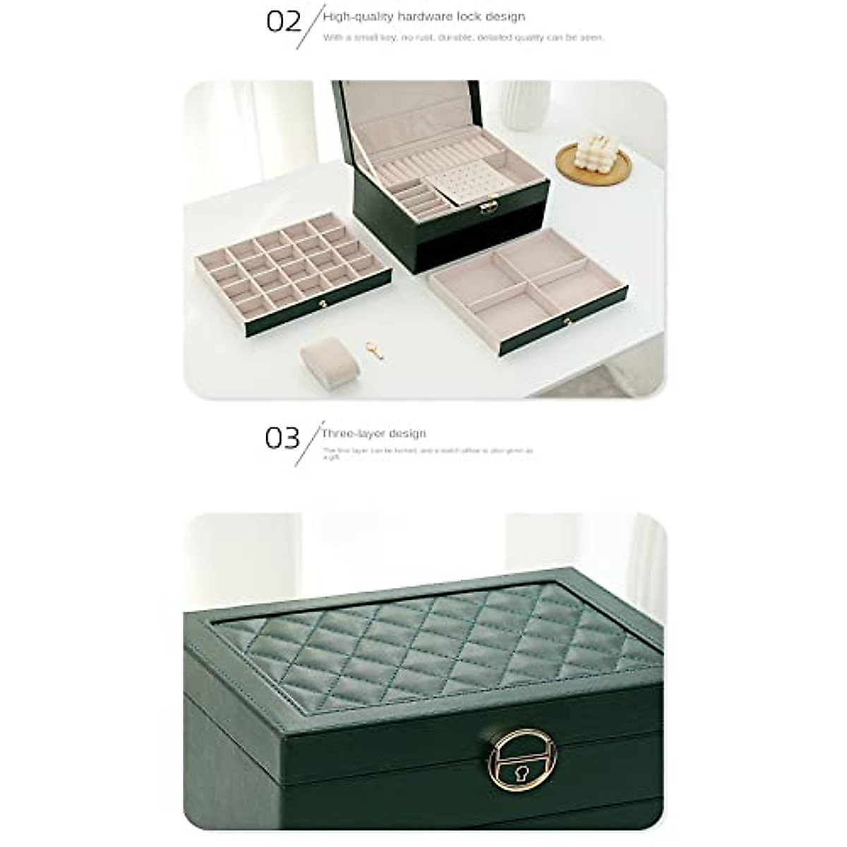 Jewelry Organizer with Synthetic Leather,Jewelry Box For Women,Large Jewelry Box Storage with Lock and Key,Necklace Ring Earring Storage,Lockable Jewelry Gift Boxes(Black)