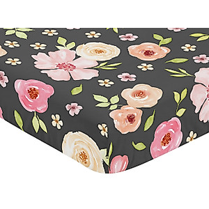 Sweet Jojo Designs Black and Blush Pink Baby or Toddler Fitted Crib Sheet for Watercolor Floral Collection - Rose Flower