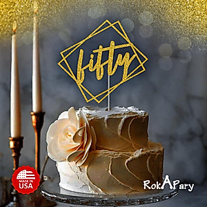 Fifty Cake Topper Gold Glitter, Modern Design 50 Birthday, Days, Months, Anniversary Party Decoration Ideas, Premium Quality, Sturdy Doubled Sided Glitter, Acrylic Stick. Made in USA
